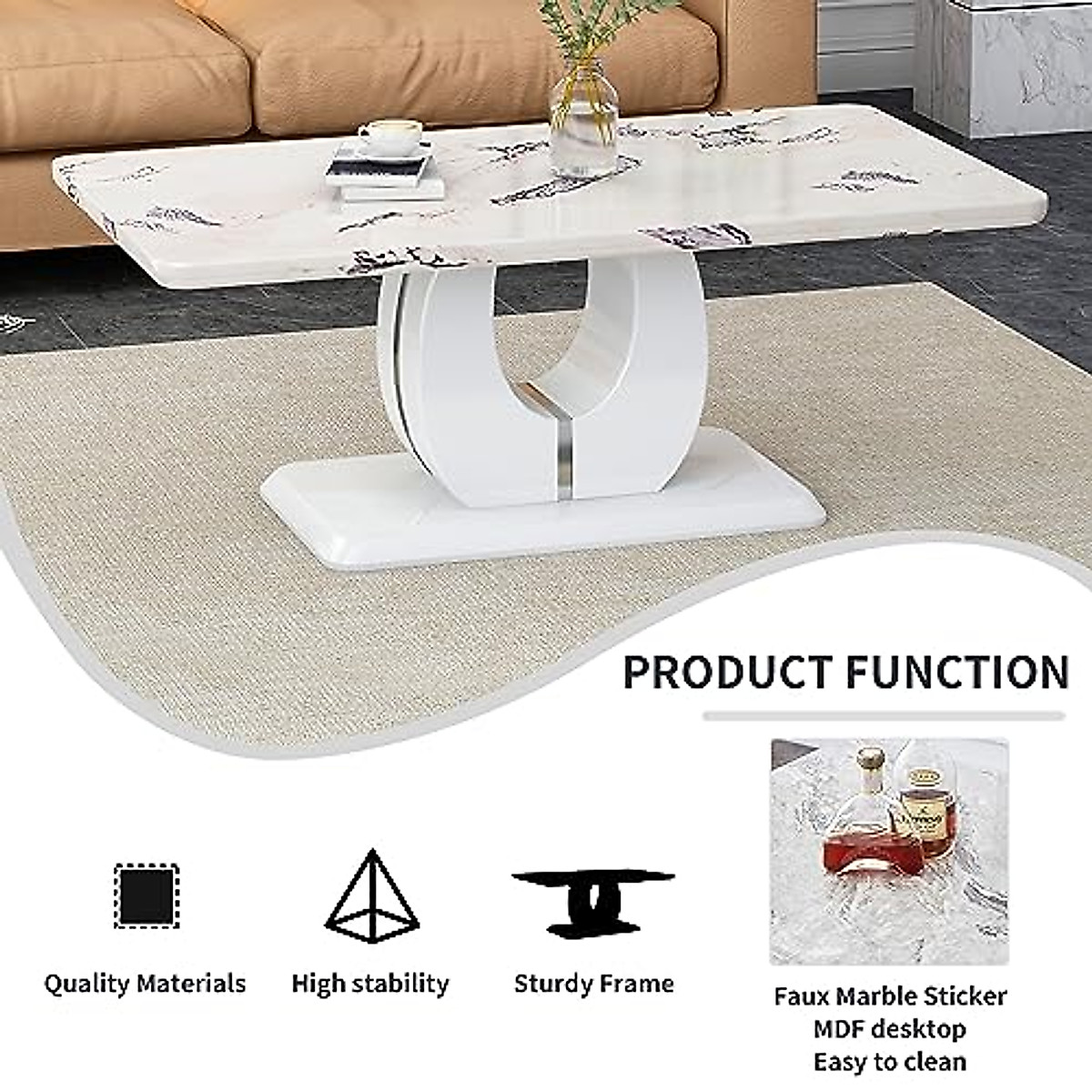 48’’ Modern Faux Marble Dining Table for 8, Large Rectangular Dining Room Table with White O-Shaped Bracket, Minimalist Kitchen Table for Restaurant, Meeting Room, Marble-Inspired Desktop