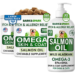 Salmon Oil + Omega 3 for Dogs - Oil Treats for Dog Shedding, Skin Allergy, Itch Relief, Dry Skin & Hot Spots Treatment, Joint Health - Skin and Coat Supplement - EPA & DHA Fatty Acids