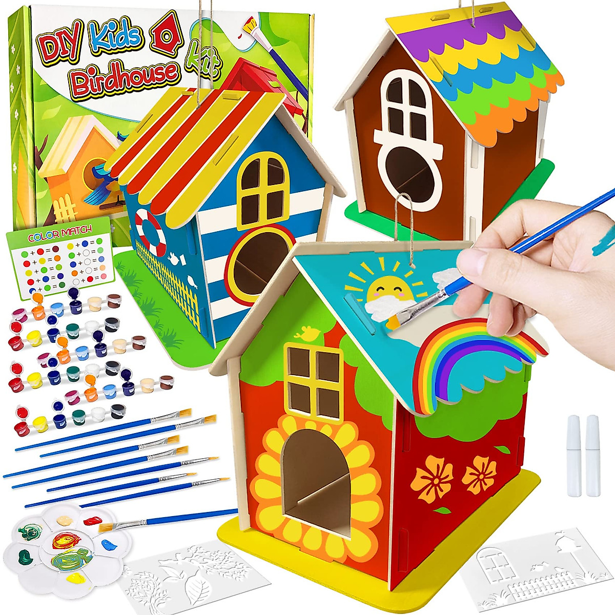 DIY Bird House Kit, 3 Packs Wooden Doodle Birdhouses Set, Arts Crafts Easter Gifts for Age 4-8+ Years Old Girls Boys, Build & Paint Wooden Arts and Painting Craft Toys for Kids Adults