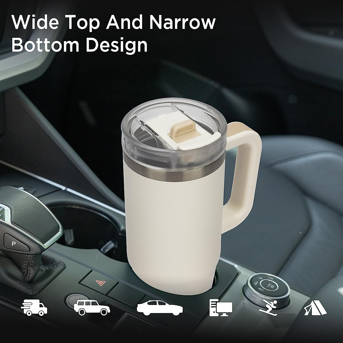 Tyeso 30 oz Tumbler with Handle, Straw and Lid - Leak Resistant Insulated Stainless Steel Water Bottle, Car Cup Holder Friendly Travel Coffee Mug White - Gifts for Men & Women