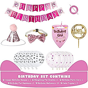 GUOYIHUA Dog Birthday Party Supplies, Dog Birthday Bandana Scarf, Doggie Boy Birthday Party Hat with Number, Bowtie Balloons Banner for Small Medium Dogs Pets, Birthday Party Decorations (6PCS, Pink)