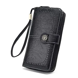 JJUQ Womens Wallet Leather Large Capacity Card Holder Zipper Wristlet Wallets for Women-black