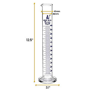 EISCO Graduated Cylinder, 250ml - Class B Tolerance ±2.00ml - Round Base - Blue Graduations - Borosilicate 3.3 Glass