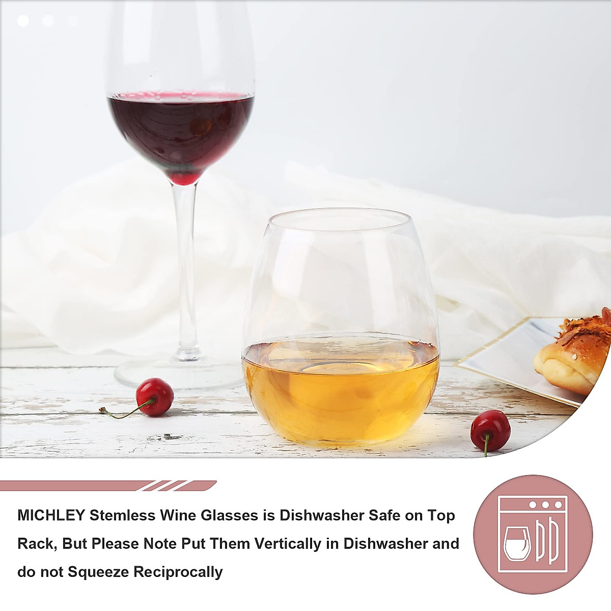 MICHLEY 18oz Red White Stemless Wine Glasses Tritan Plastic-Shatterproof Drinking Tumbler, Dishwasher Safe Drinkware for Parties Camping, Set of 4