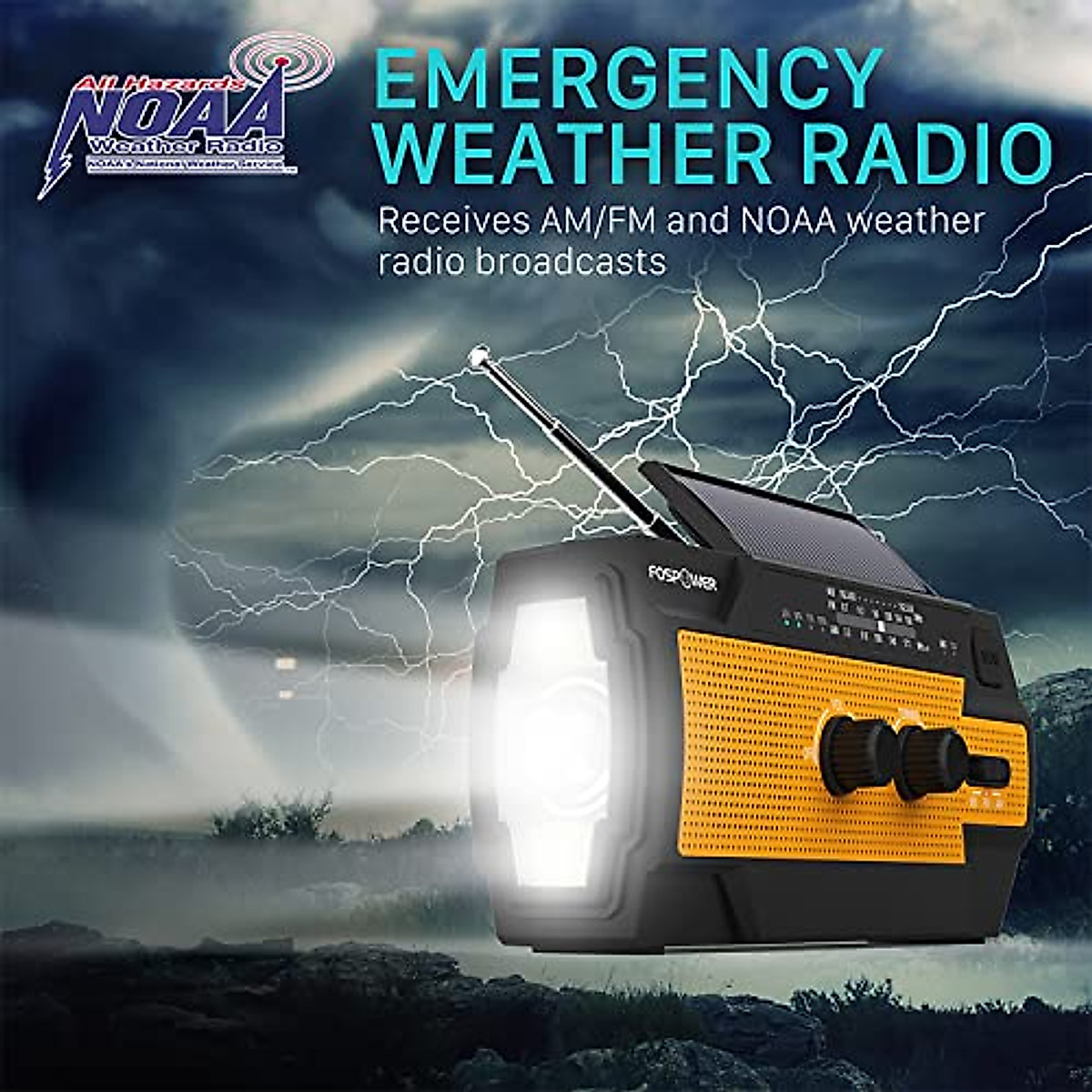 FosPower 4000mAh NOAA Emergency Weather Radio (Model A3) Portable Power Bank, Solar Charging, Hand Crank & Battery Operated, SOS Alarm, Motion Sensor Setting, AM/FM & Flashlight for Outdoor Emergency