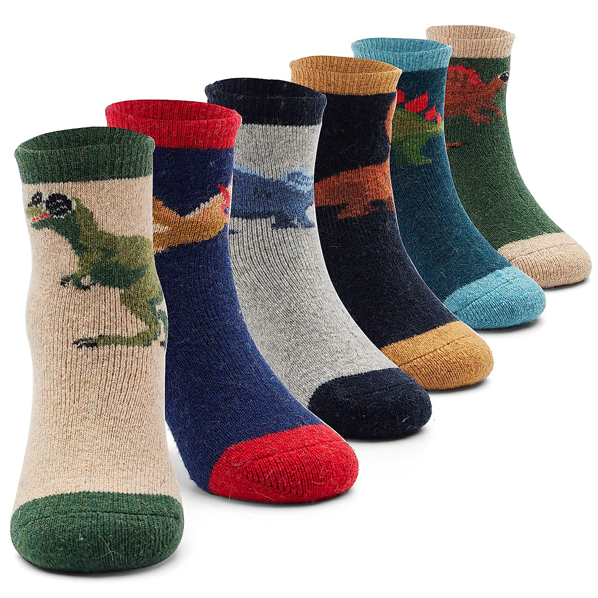 Boys Wool Socks Kids Thick Winter Socks Thermal Crew Socks for Boys 6 Pairs Dinosaurs Size 6-8 Years