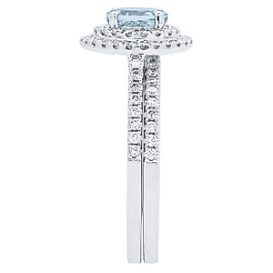 Gin & Grace 14K White Gold Blue Natural Diamond & Genuine Aquamarine Halo Style Engagement Propose Promise Ring for Women