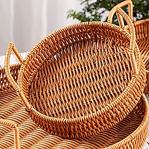 Cedilis 3 Pack Woven Serving Tray with Handles, Round Bread Serving Basket, Poly-Wicker Basket Tray, Decorative Imitation Rattan Fruit Tray for Serving Bread, Vegetable, Snack, 12Inch, 10Inch, 8Inch