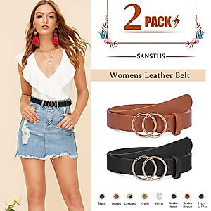SANSTHS 2 Pack Women Leather Belts Faux Leather Jeans Belt with Double O Ring Buckle Black Brown M