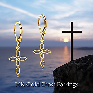 DOVRAN 14K Solid Yellow Gold Cross Dangle Earrings for Women Gold Celtic Cross Leverback Earrings Gold Jewelry Gift Birthday