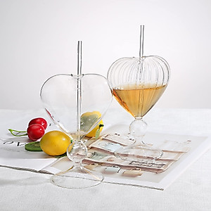 BestAlice 2 Pcs Cocktail Glass Martini Glasses, 8 Oz Creative Heart Shaped Cocktail Glasses With Straw, Crystal Glass Romantic Goblet For Wine Juice Whiskey Home Bar Party Club Glassware Gift, Glossy