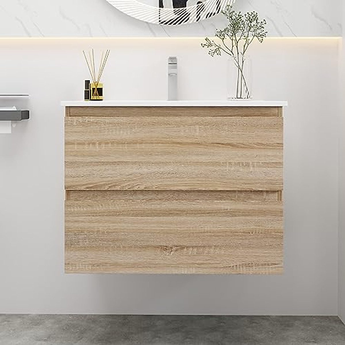 Henf 30" inch Wall Mounted Bathroom Vanity with Sink, Modern Floating Bathroom Vanity with White Integrated Gel Sink & Two Drawers, Plywood Hanging Bath Cabinet w/Resin Wash Basin (Light Oak)