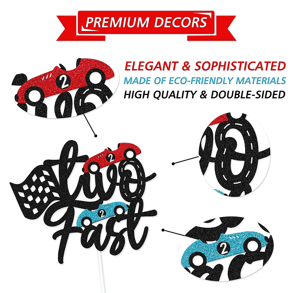 Two Fast Cake Topper Racing Car Chequered Flag Themed Happy Birthday Party Supply for Boys Girls Kids 2nd Second Two Bday Cake Decoration