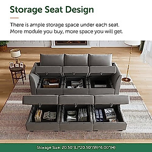 HONBAY Modular Sofa Sectional Sleeper Couch with Ottoman Velvet 6 Seater Sofa with Storage Seat Convertible Sectional Sofa Couch Set for Living Room, Grey