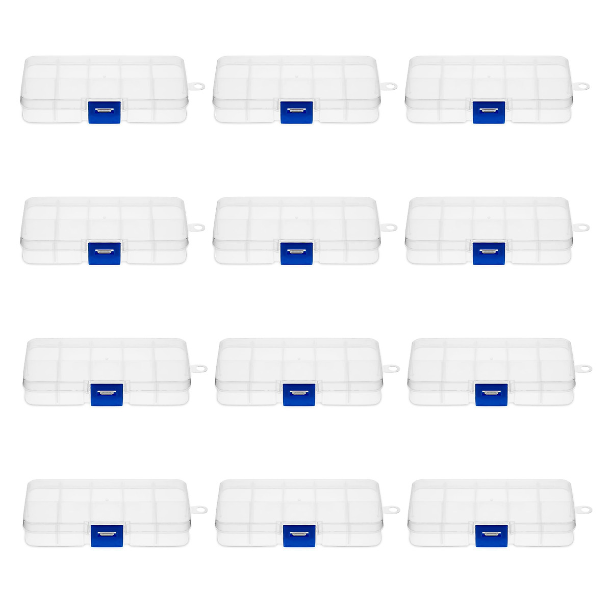 12 Pack Mini Clear Storage Containers with 10 Grid Dividers, Small Plastic Tackle Boxes for Beads, Buttons, DIY Jewelry (2.5 x 5 In)
