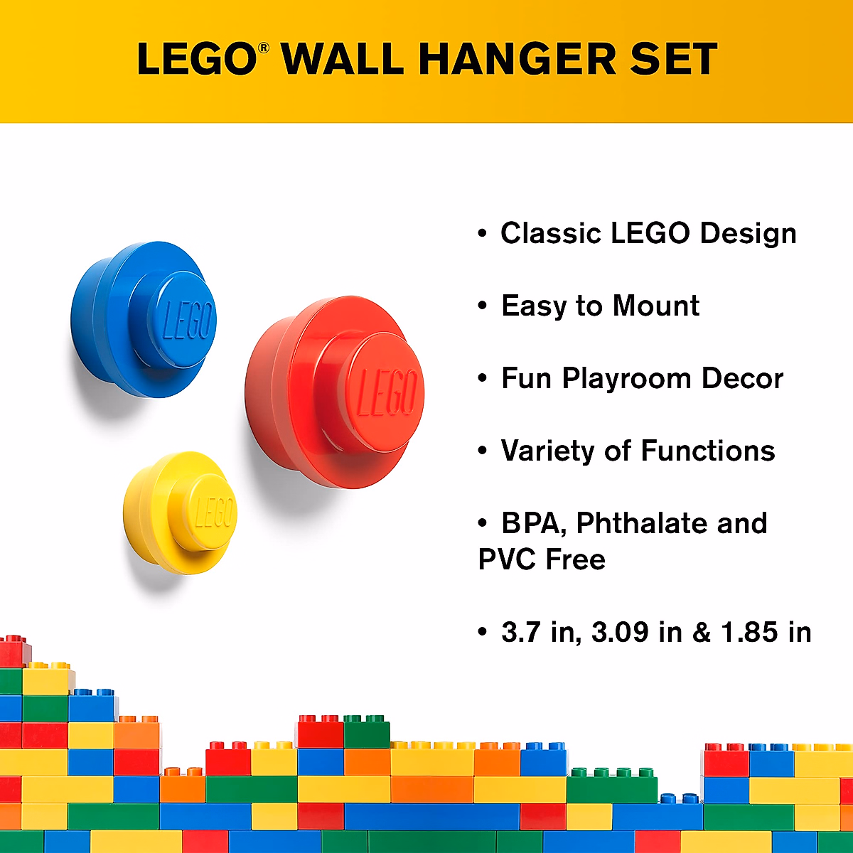 ROOM Copenhagen, Lego Wall Hanger Set - Decorative Playroom Utility Hooks - Yellow/Red/Blue