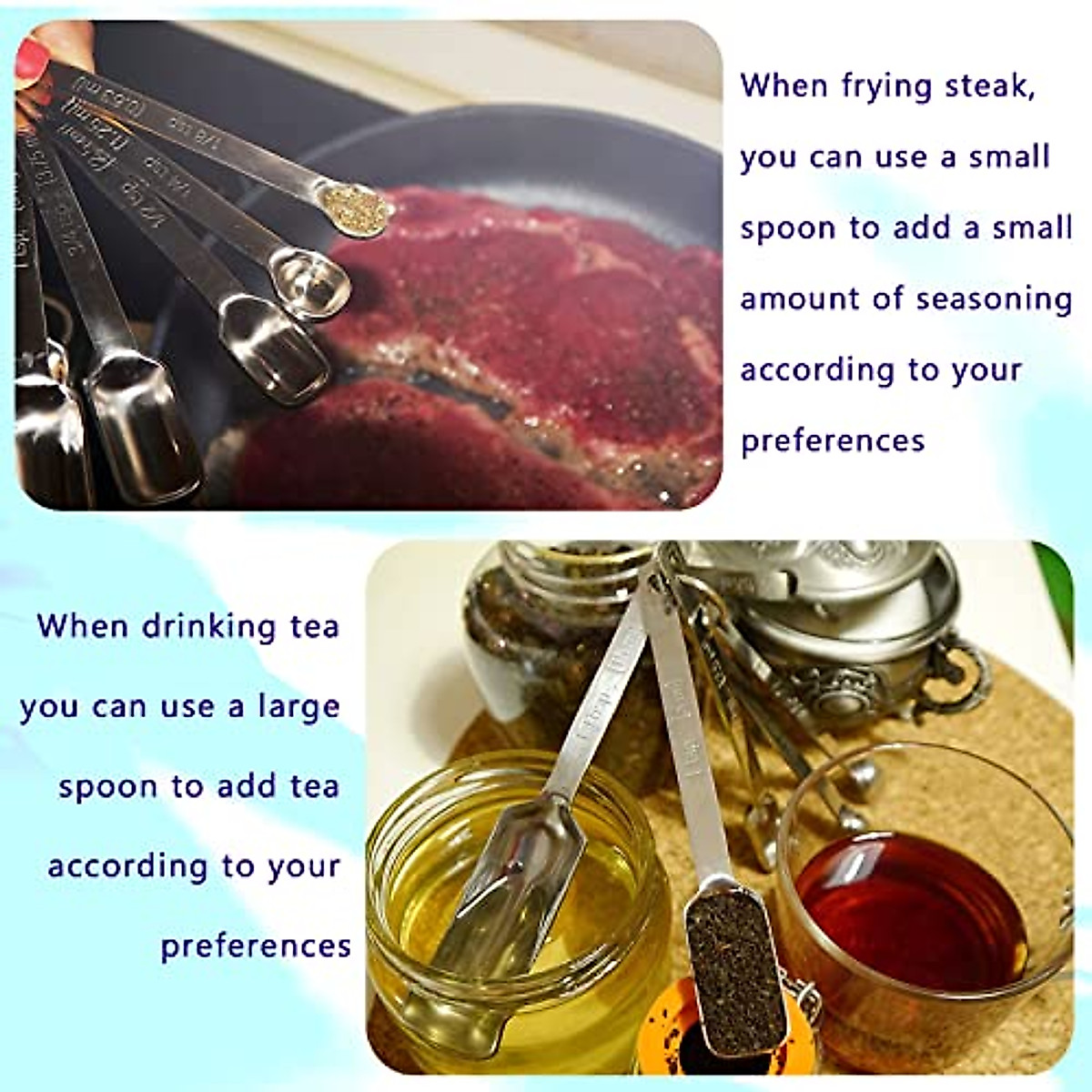 Heavy duty stainless steel metal measuring spoon for dry or liquid, suitable for seasoning pot, perfect for baking and cooking-professional quality, engraved in US and metric sizes (6 pieces)