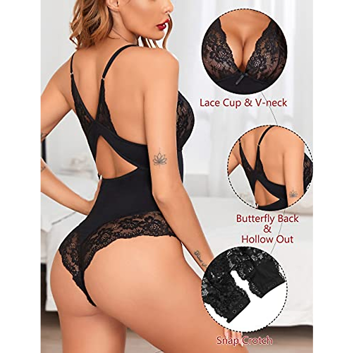Avidlove Women Lingerie Bodysuit Snap Crotch Teddy One Piece Babydoll (Black,XL)