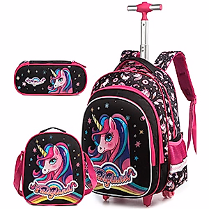 Girls Boys Kids Rolling Backpack with Wheels Trolley School Bag Waterproof Travel Luggage for Kids Girls and Students lunch bag Lightweight and Multi functional(Black Unicorn 16inch)