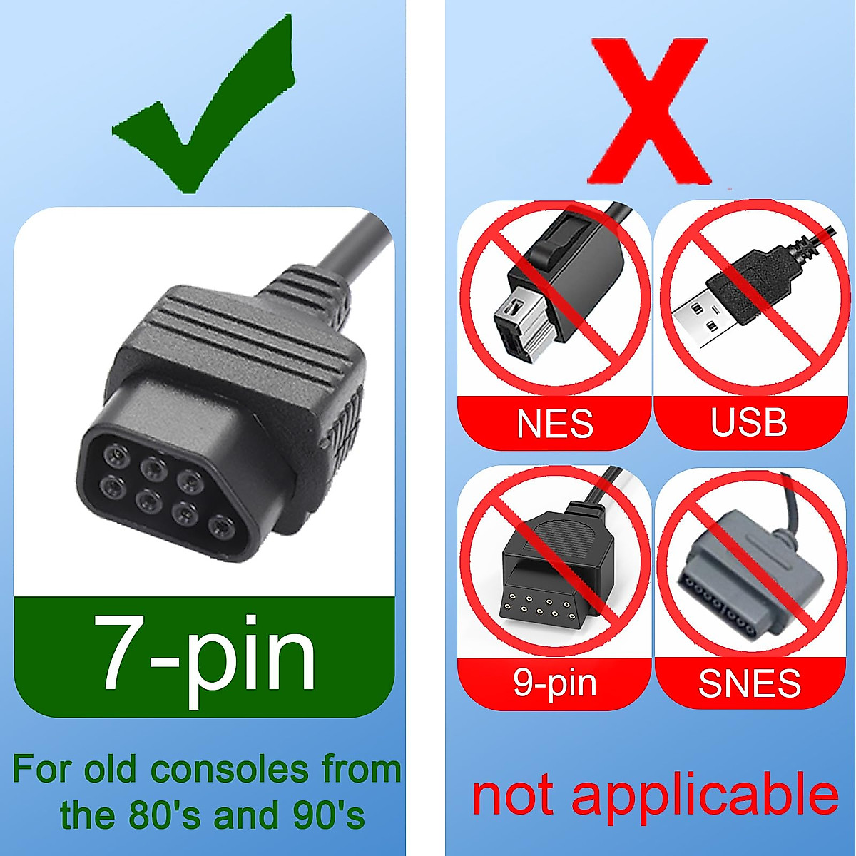 JoFong 7-Pin Controller Extension Cable for 1985 Version NES Controller, Classic Retro Game Console Plug and Play Controller Grip Extension Cable, 1.78M/5.8FT 2-Pack, Note Not for NES Classic (2016)