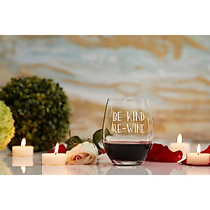 Lushy Wino – Be Kind, Re-Wine – Cute, Novelty, Etched Stemless 16-Ounce Wine Glass with Funny Sayings in Gift Box