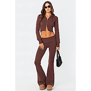 Zhiyouni Women's Kintted 2 Piece Outfits Long Sleeves Zip Up Hooded High Waist Skinny Pants Set Loungewear (Brown-L)