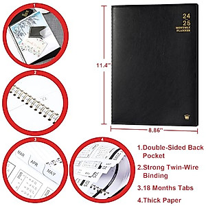 2024-2025 Monthly Planner/Calendar - Jul 2024 - Dec 2025, Monthly Planner 2024-2025, 18 Months, Faux Leather, 8.86" x 11.4", 15 Notes Pages, Strong Twin - Wire Binding, Tabs, Perfect Organizer - Black