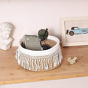 YIZUNNU Round Macrame Organizer Basket Boho Small Storage Baskets with Tassel Woven Rope Baskets Bins for Car keys Wallets Card Holders