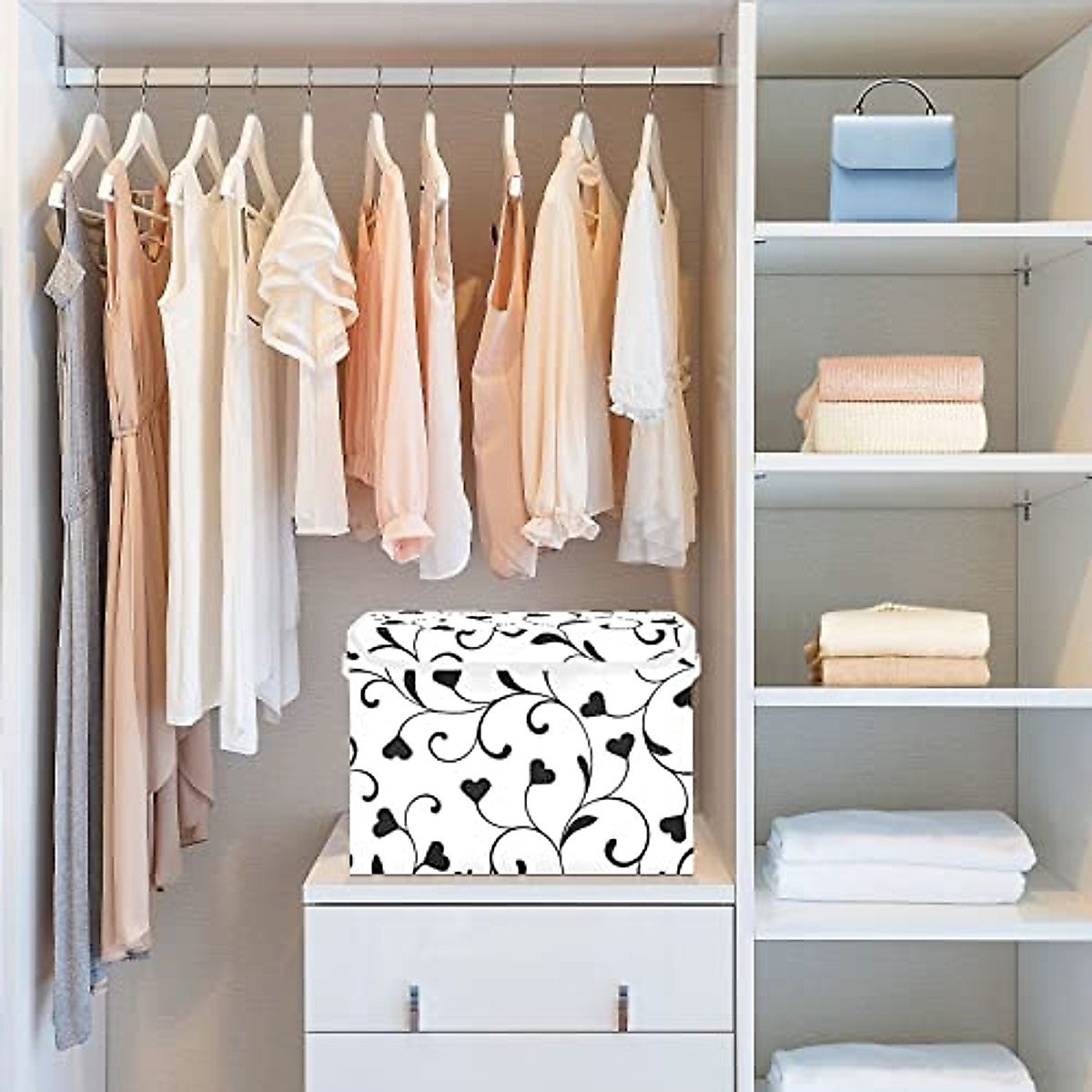 CaTaKu Hearts White Black Storage Bins with Lids and Handles, Fabric Large Storage Container Cube Basket with Lid Decorative Storage Boxes for Organizing Clothes