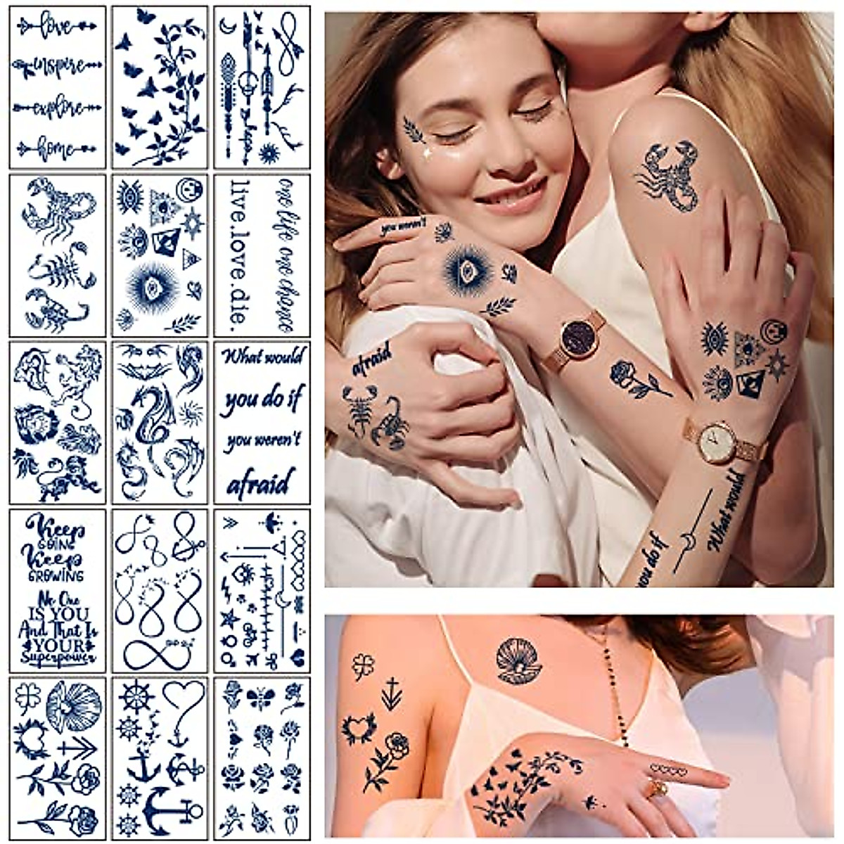 Metuu 30 Sheets Semi-Permanent Tattoos Waterproof Last 1-2 Weeks，Positive Words Flower Crown Butterfly Tiny Fake Temporary Tattoo Stickers For Women Men Girls