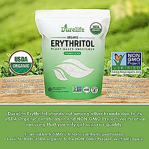 Durelife USDA organic erythritol sweetener, non gmo verified, Keto certified, No After Taste, Kosher, Zero Calorie Plant-Based Sugar Alternative (1, 5 LB (80 oz))
