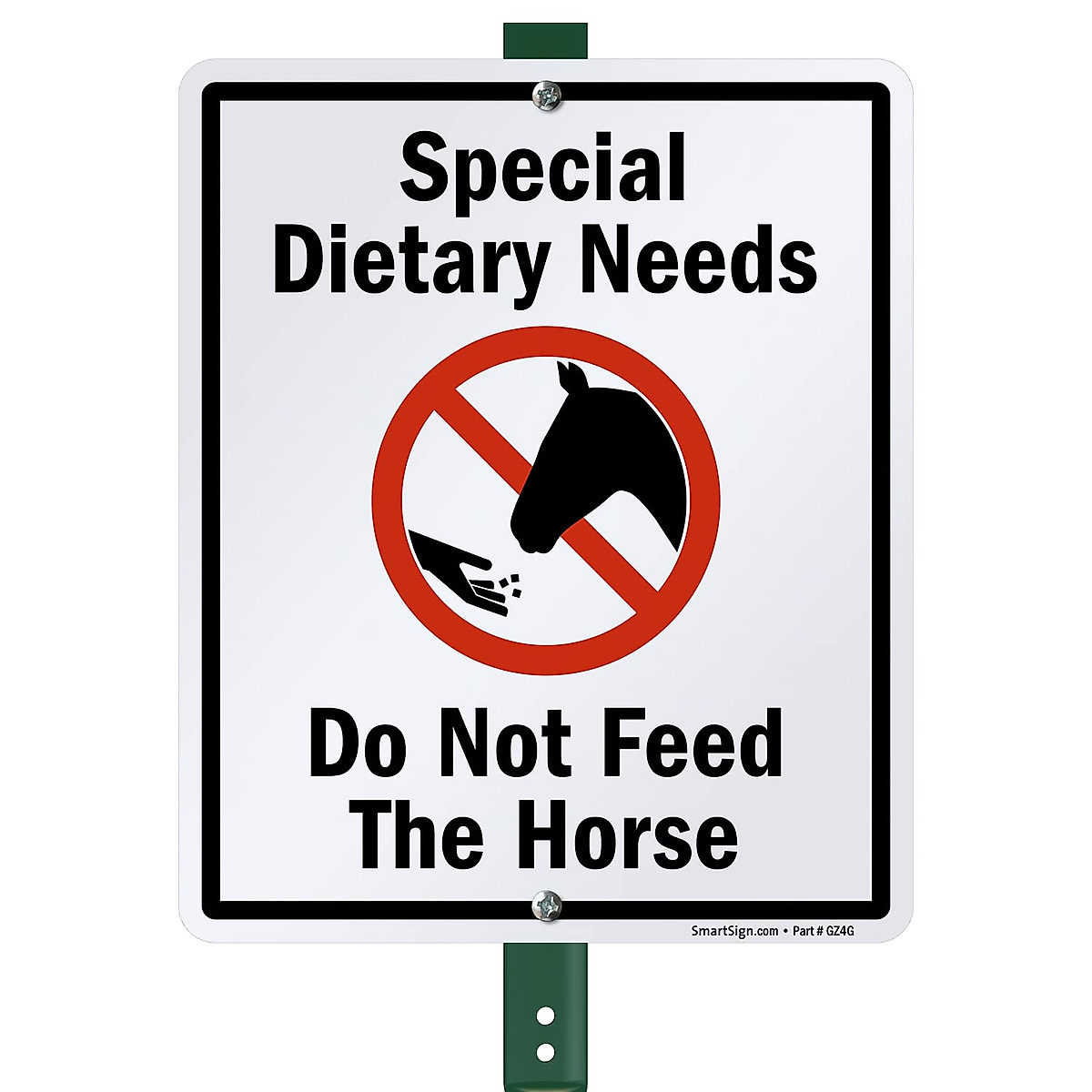 SmartSign 12 x 10 inch “Special Dietary Needs - Do Not Feed The Horse” LawnBoss Yard Sign with 3 foot Stake, 40 mil Laminated Rustproof Aluminum, Red, Black and White, Set of 1, Made in USA