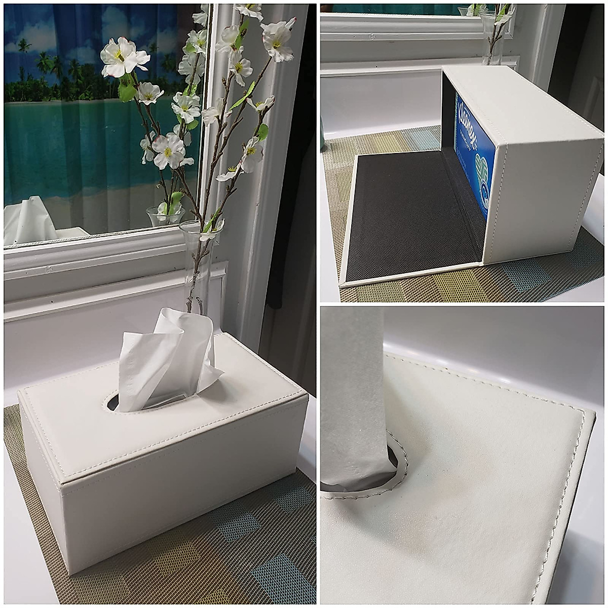 Cq acrylic Rectangular PU Leather Tissue Box Cover Holder,Modern Square Facial Tissue Holder Case Dispenser for Home and Car Decoration,Off White