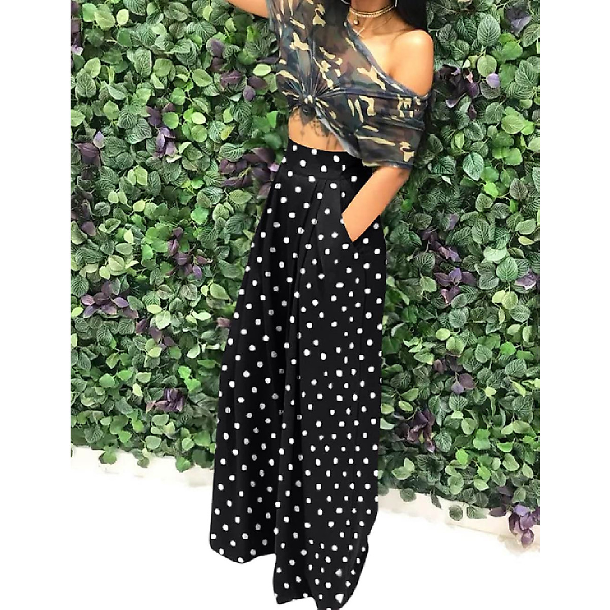 A ADILACA High Waisted Palazzo Pants for Women Dressy, High Waisted Wide Leg Pants for Women with Pockets, Pull On Wide Leg Pants for Women, High Waist Long Flowy Pants (Polka Dot-Black, XL)