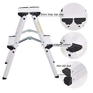 2 Step Ladder Folding White Aluminum Step Stool 2 Step for Adults, 20in