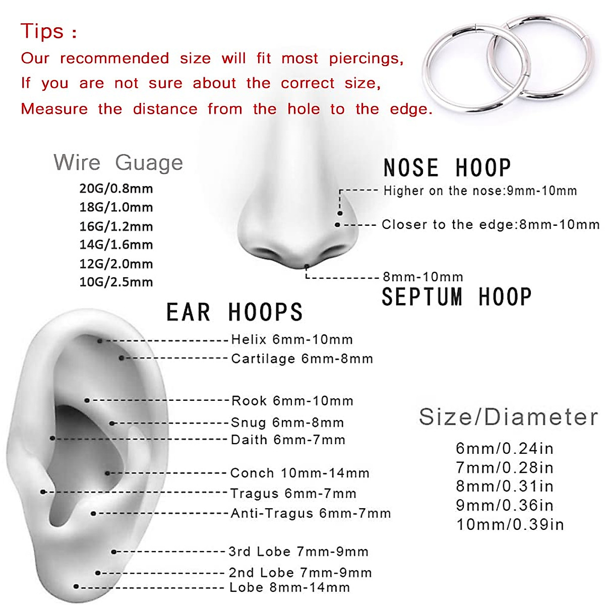 Silver Nose Rings Hoops for Women Hypoallergenic Titanium Surgical Stainless Steel Cute Hinged Clicker 16G 8mm Small for Tragus Helix Conch Daith Piercing Jewelry