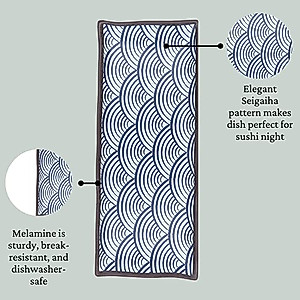 White and Blue Seigaiha Patterned Melamine Rectangular Serving Platter, Sushi Plate and H'orderve Trays Dinnerware for Parties, 10.75 x 4.25 Inches