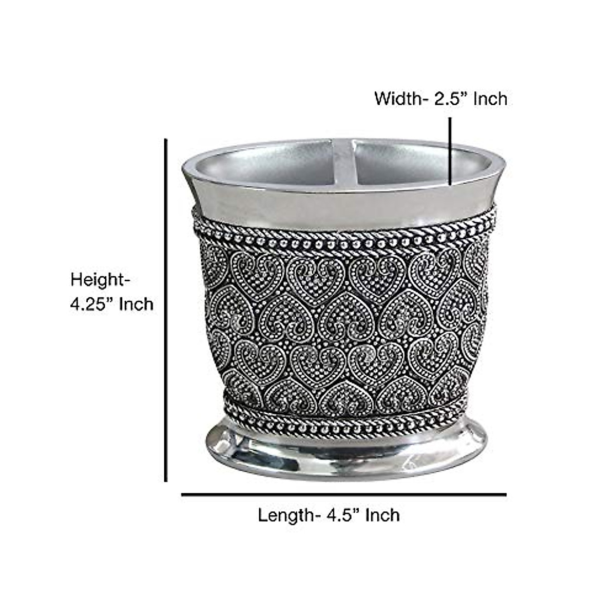 nu steel Beaded Heart Resin Bath Accessory Set for Vanity Countertops, 4 Piece Luxury Ensemble Includes Dish, Toothbrush Holder, Tumbler, soap an, Silver