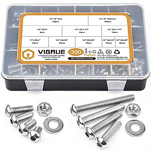 1/4-20 Hex Button Head Cap Screw, VIGRUE 300pcs 304 Stainless Steel UNC Hexagon Bolts Flat Washers Nuts Assortment Kit Machine Screws Set, 8 Sizes (Length from 3/8" to 2")
