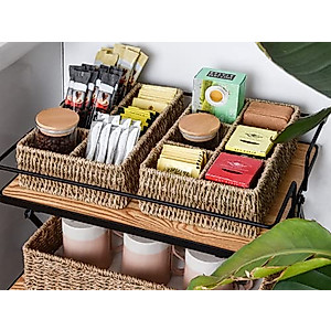 StorageWorks Tea Bag Organizers, Small Wicker Baskets with 6 Sections, Coffee and Tea Organizers for Coffee Bar, Shelves, Countertop, Seagrass Baskets for Organizing, 2Pack