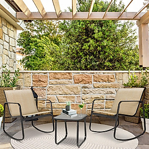 SOLAURA 3 Piece Patio Rocking Bistro Set, Textilene Fabric Outdoor Furniture, Porch Chairs Set with Glass Table for Lawn, Garden, Balcony, Poolside, Khaki