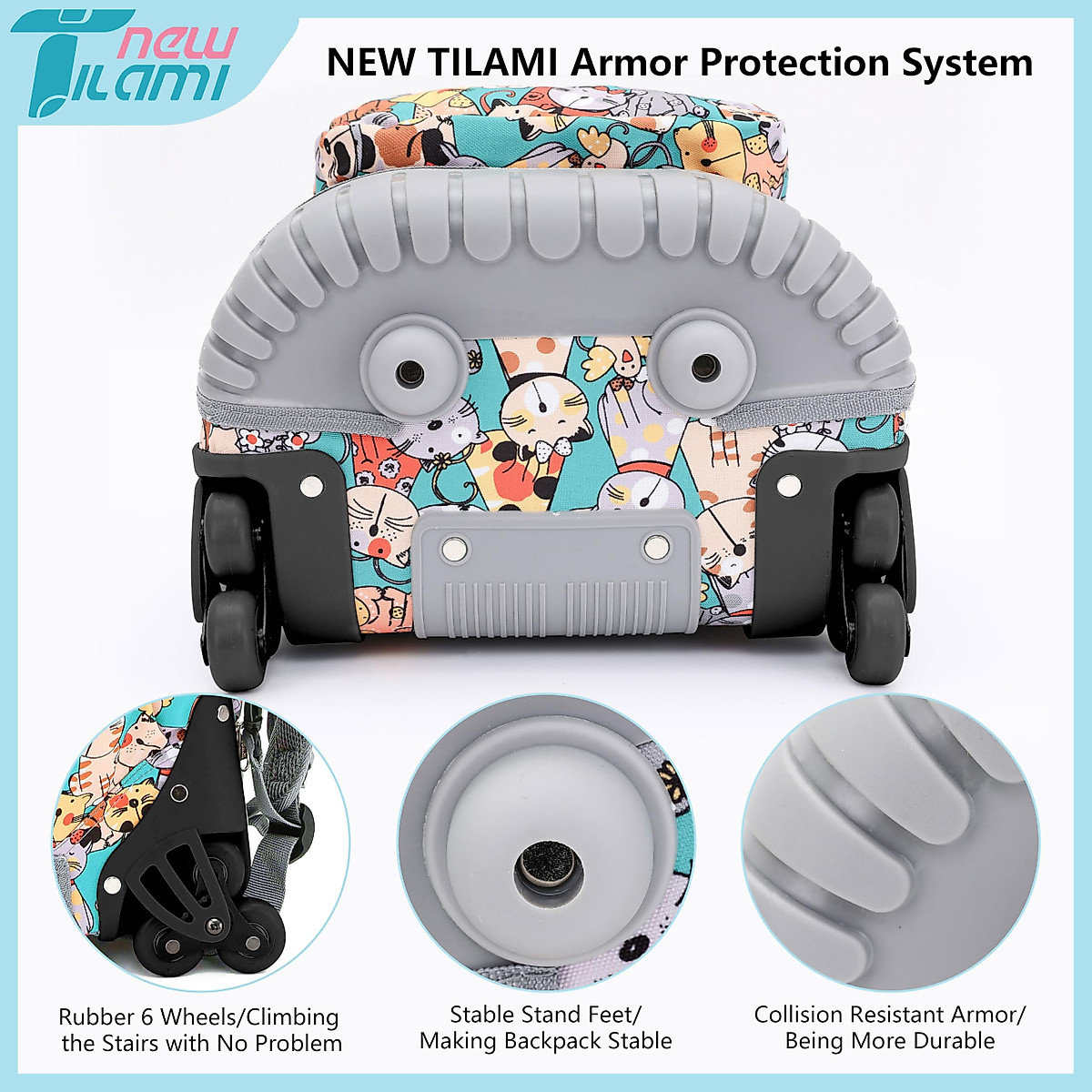 NEW TILAMI Rolling Backpack with Wheels for Boys School Adjustable Laptop Backpack with Wheels for Girls to School Travel Camping Boys Rolling Backpack Cute Cats 18 Inches