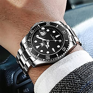 OLEVS Mens Watch Stainless Steel Big Face Silver Black Casual Dress Wrist Watch Quartz Analog Day Date Waterproof Luminous