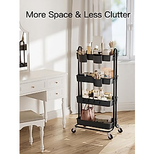 Pipishell 4-Tier Rolling Cart, Utility Cart with Lockable Casters, PP Plastic Storage Baskets, Hanging Cups & Hooks, Rolling Cart for Living Room, Bedroom, Kitchen, Bathroom, Art Studio(Black)