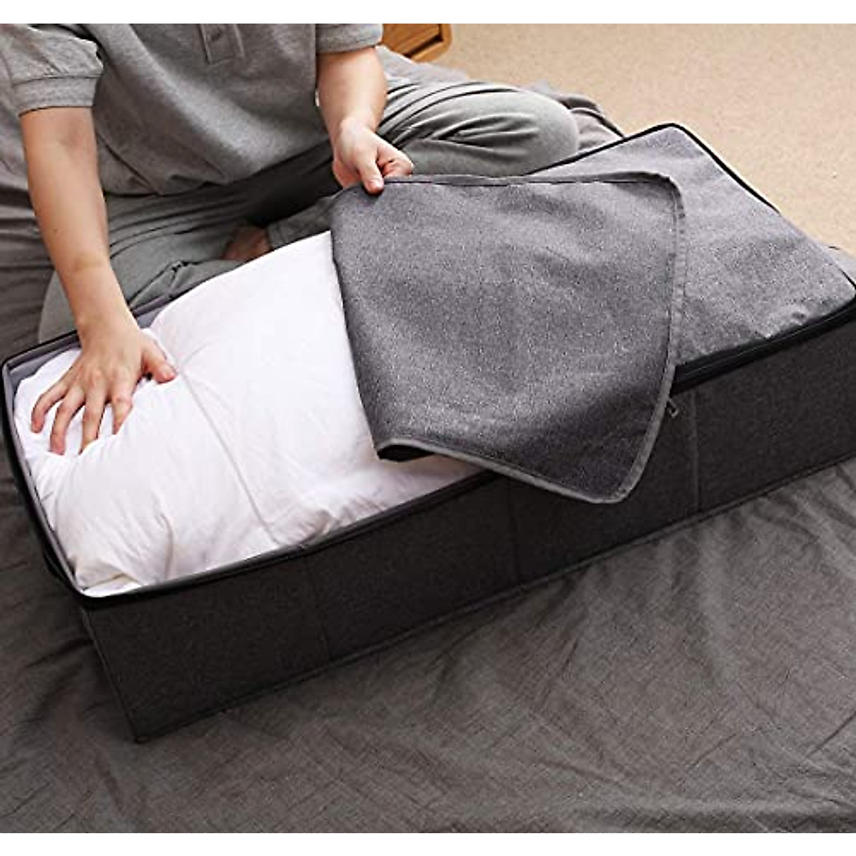 AMJ Foldable Under Bed Storage Basket Container [2 Pack] with Durable Fabric for Clothes, Shoes,Toys, Blanket, Comforter Organizers Bins, Black Grey