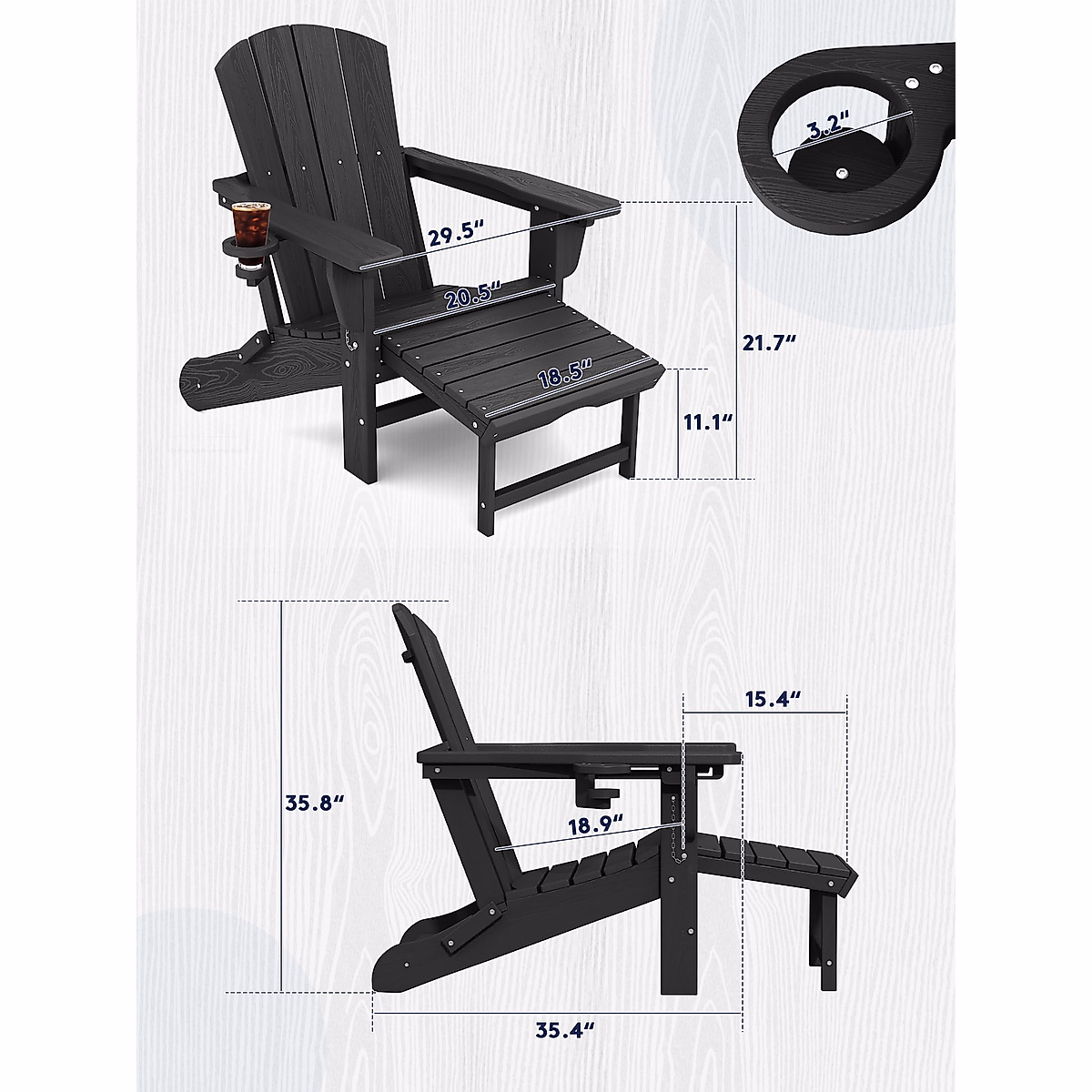 KINGYES Chair with Cup Holder, Wood-Like Reclining Versatile Adirondack Chair, Black
