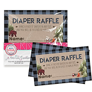 Amanda Creation Oh Boy! Outdoorsy Blue and Black Plaid Lumberjack Diaper Raffle Tickets for Boy Baby Showers, 20 2" X 3” Double Sided Inserts, Bring a Pack of Diapers to Win Favors &