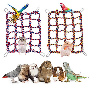 Jspupifip 2 Pcs Bird Rope Net Hamster Rat Bird Rope Ladder, Colorful Pet Climbing Ladder Rope Bridge Cotton Pet Hanging Hammock with 4 Hooks for Small Animal Bird Decor and Play(11.18x9.84 Inch)