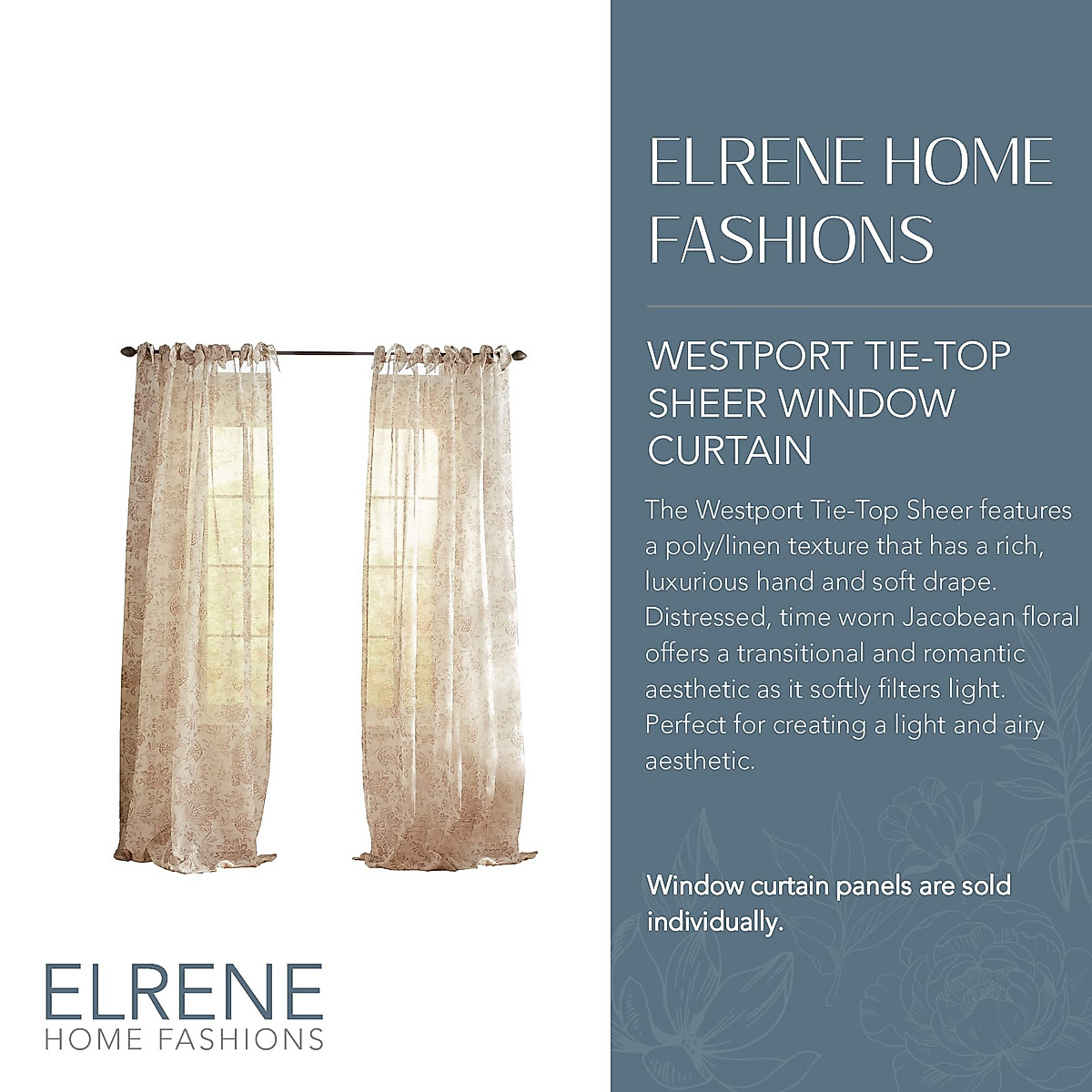 Elrene Home Fashions Westport Floral Tie-Top Sheer Window Curtain Panel, 52" x 84" (1), Flax