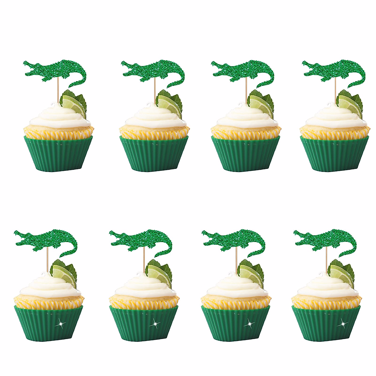 24Pcs Crocodile Cupcake Toppers, Green Glitter Crocodile Cake Decor, Reptile Animal Cake Decorations for Baby Shower, Reptile Pet Themed Birthday Party Decoration
